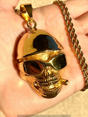 Men Women 14k Gold Finish Smoking Biker Skull Pendant Charm Rope Chain ...