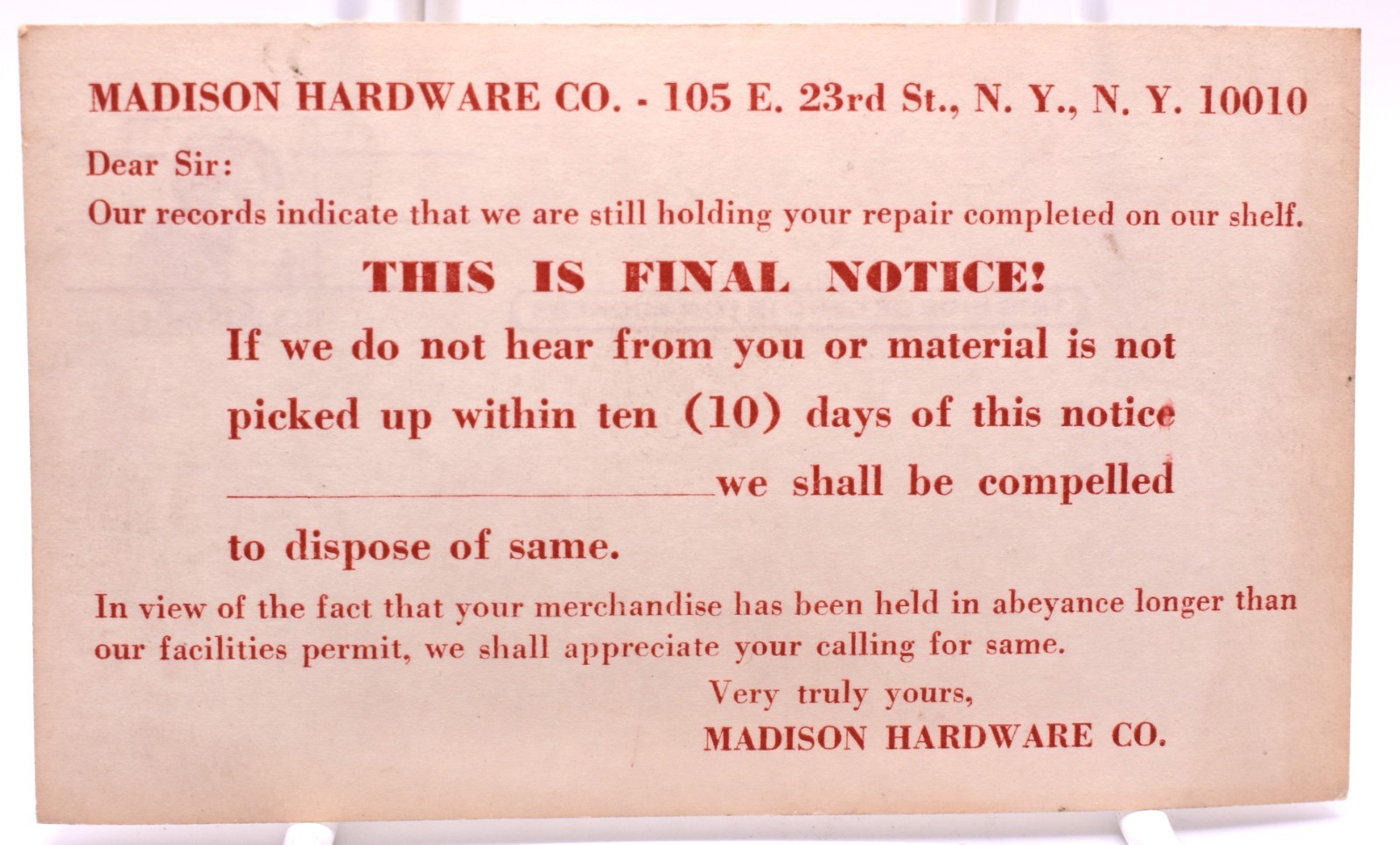 RARE Madison Hardware Co. N.Y. Lionel Trains Location - ‘Final Notice ...