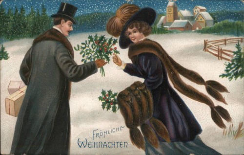 XMAS Frohliche Weihnachten Couple Exchanging Holly Snow 1911 Sterling ...