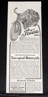 1912 OLD MAGAZINE PRINT AD, THIEM TWO-SPEED MOTORCYCLE, FIRST TESTED ...
