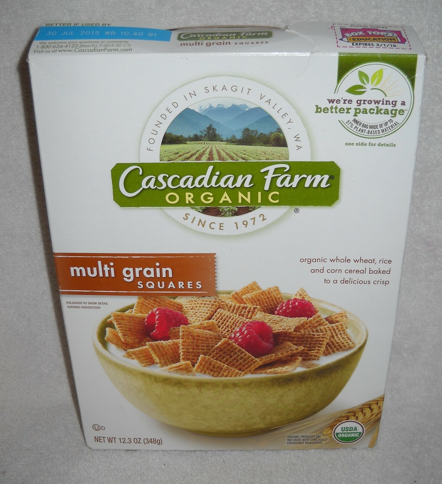 #10420 Cascadian Farm Organic 2015 Multi Grain Squares Cereal BOX ONLY ...