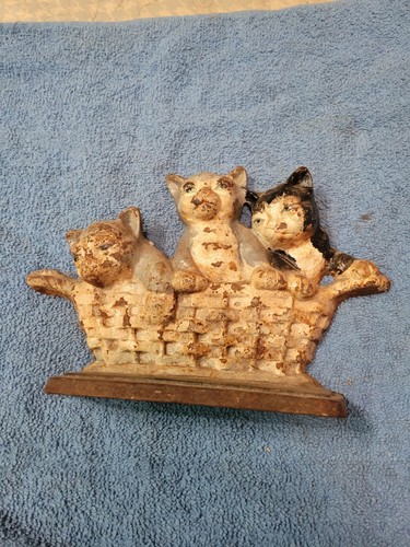 VINTAGE CAST IRON KITTENS CATS IN BASKET DOORSTOP ORIGINAL PAINT | eBay