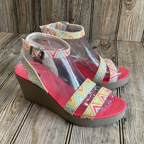 Crocs Leigh Cross Strap Ankle Wedge Sandals 15313 Pink Multicolor Womens Size 9 | eBay