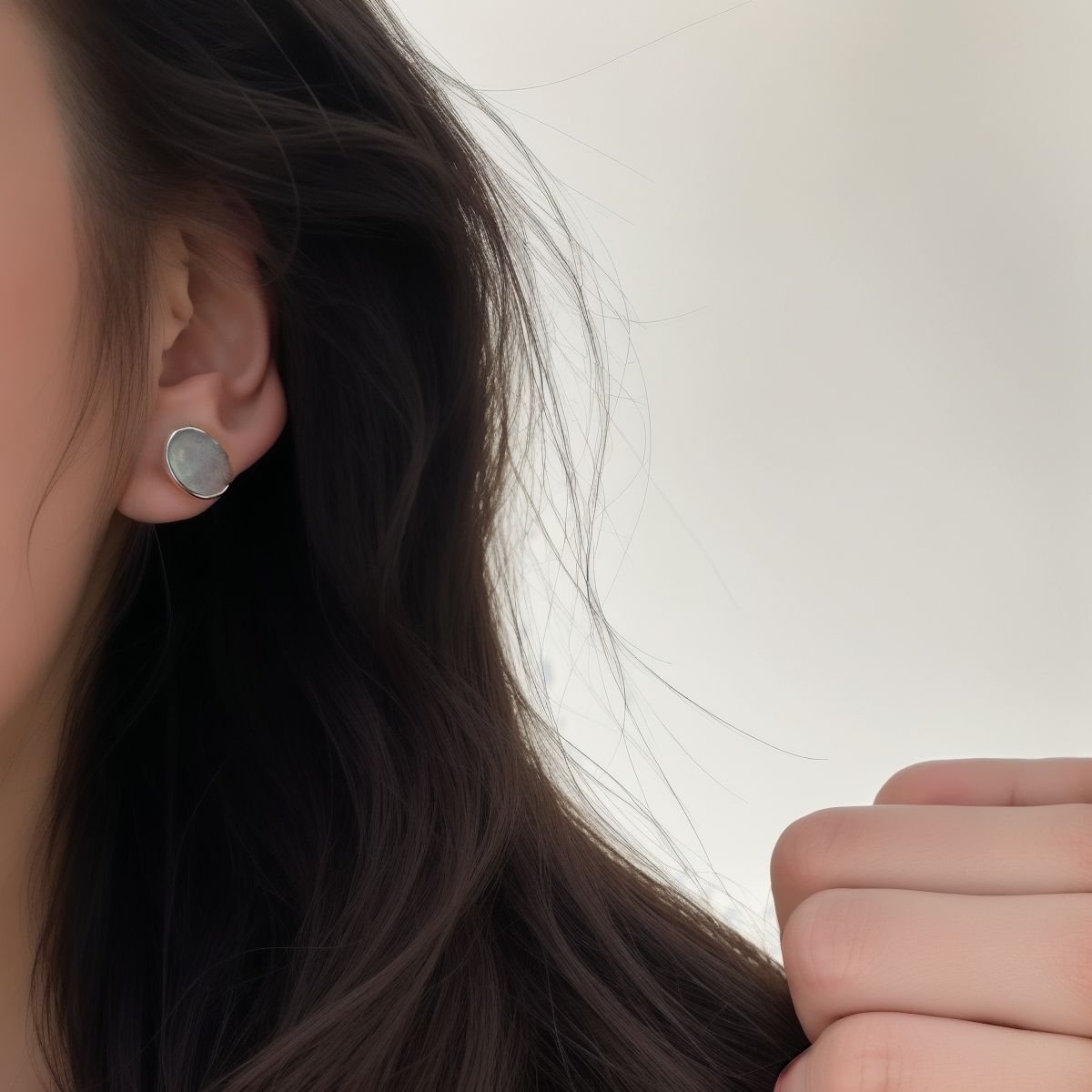 Silver Ear Stud Aquamarine with Stone Sea Blue Shiny Oval Plain Ladies ...