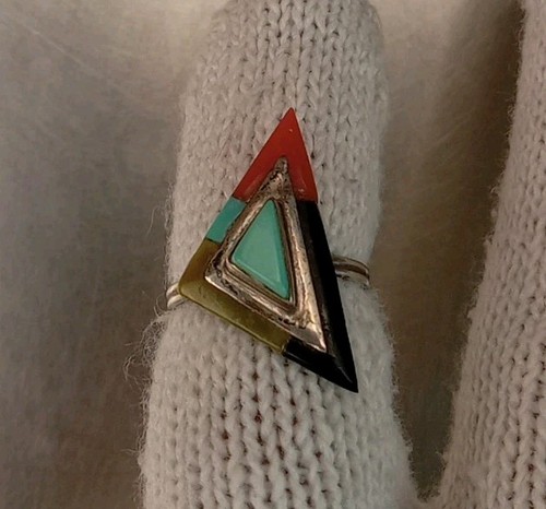 Zuni Vintage Multi Inlay Sterling Silver Ring Turquoise Onxy Coral ...