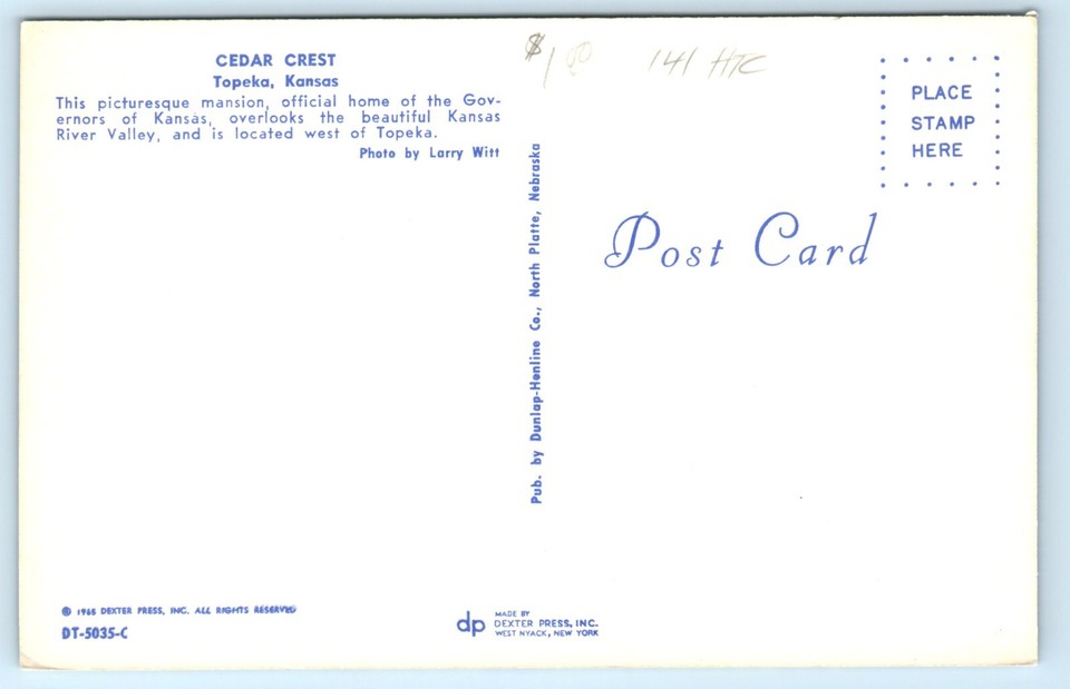 POSTCARD Governor's Mansion Cedar Crest Topeka Kansas Mansion | eBay