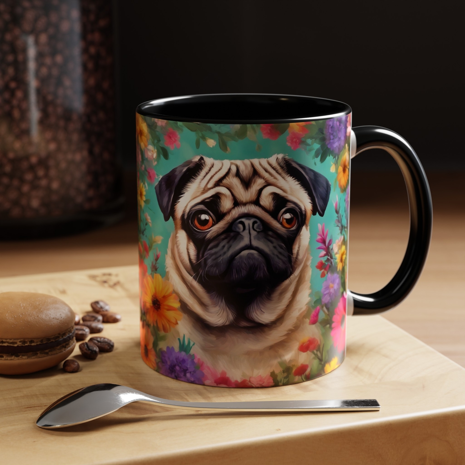 Accent Coffee Mug 11oz Funny Pug Dog 172 Flowers Floral Multicolor | eBay