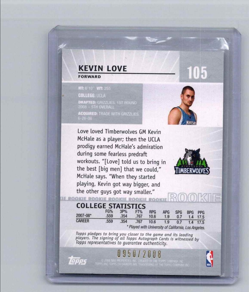 2008-09 Topps Co-Signers Kevin Love Rookie 0950/2008 Minnesota ...
