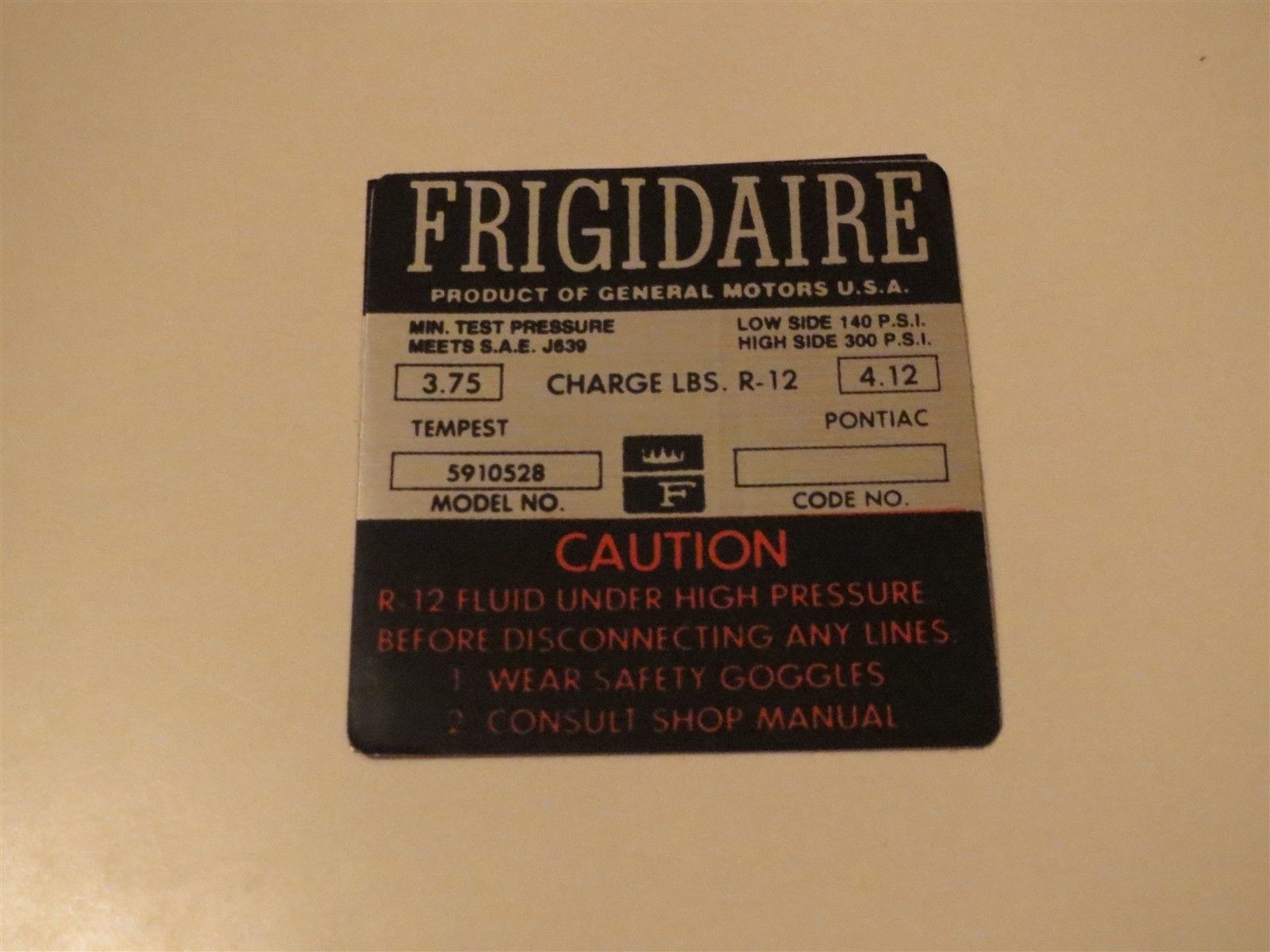 1966 PONTIAC (ALL MODELS) FRIGIDAIRE AIR CONDITIONING COMPRESSOR DECAL ...