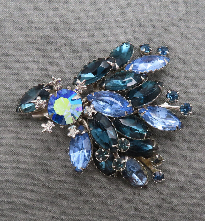 Beau Jewels Rhinestone Brooch Vintage Pin AB Blue Crystal Molded Glass ...