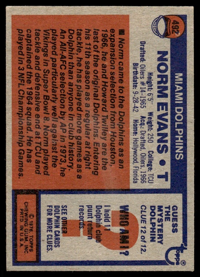 1976 Topps Norm Evans Miami Dolphins #492 | eBay