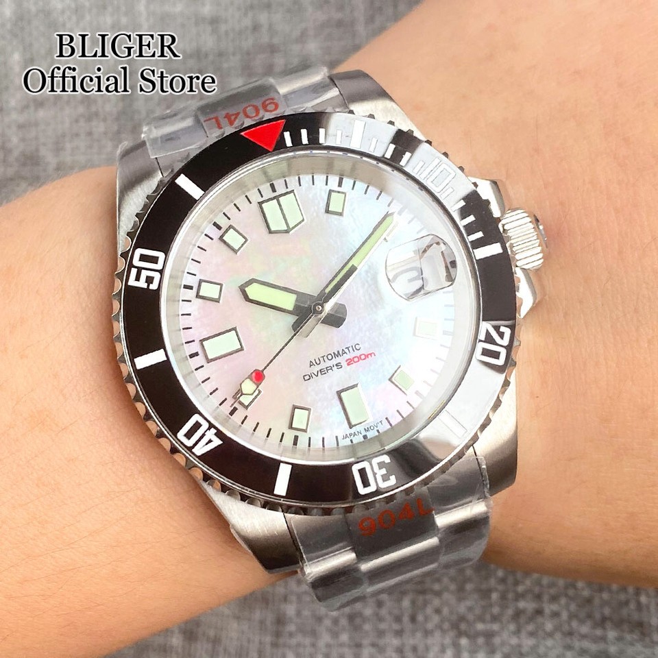 BLIGER 20ATM Waterproof White Shell Dial Luminous NH35A Dive Mens Watch ...