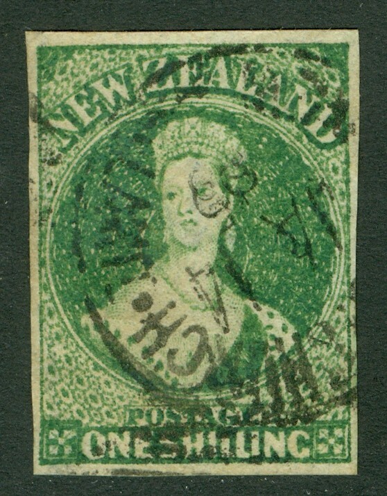 SG 100 New Zealand 1864. 1/- green, watermark New Zealand. A fine used ...