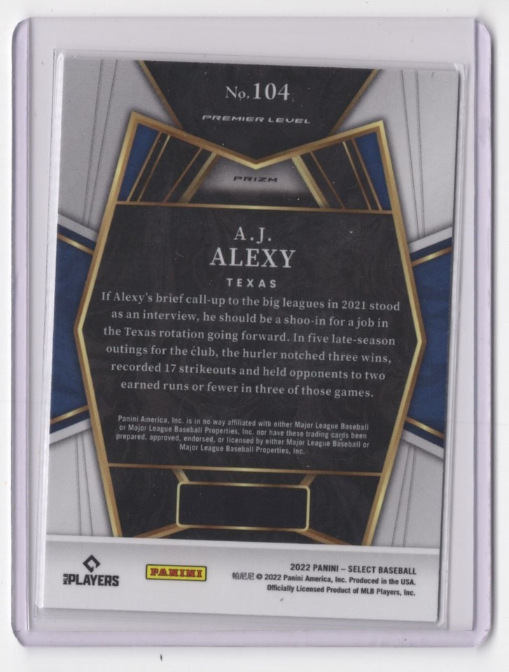 2022 Panini Select Scope Premier Level A.J. Alexy Rookie Texas Rangers ...