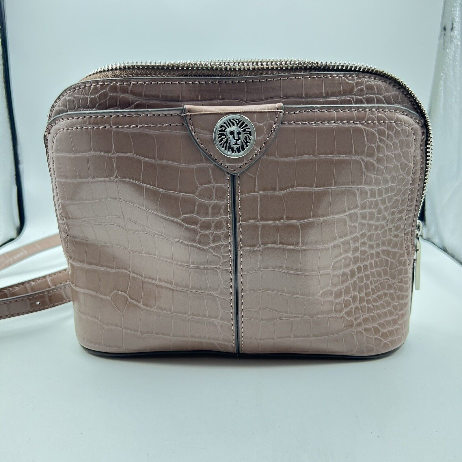 Anne Klein Crossbody Purse Faux Croc Alligator Embossed Tan Lion Head ...