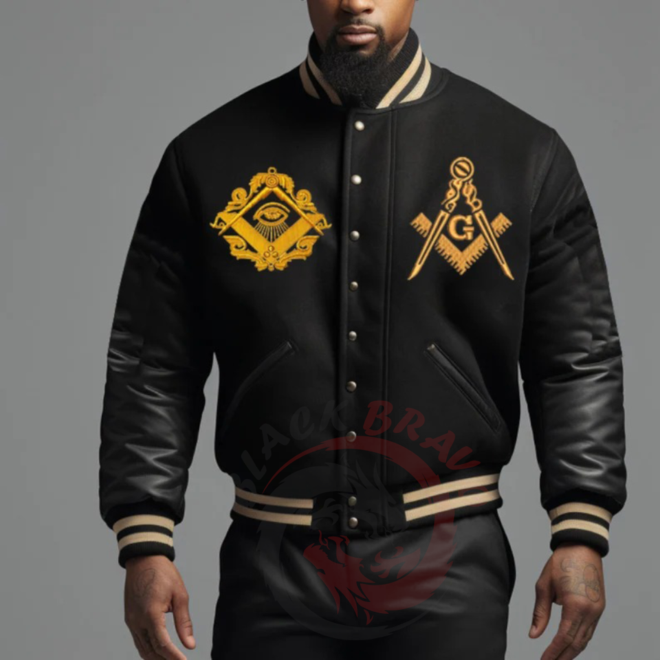 Masonic Varsity Jacket | Gold Embroidered Freemason Unisex Button-Up ...