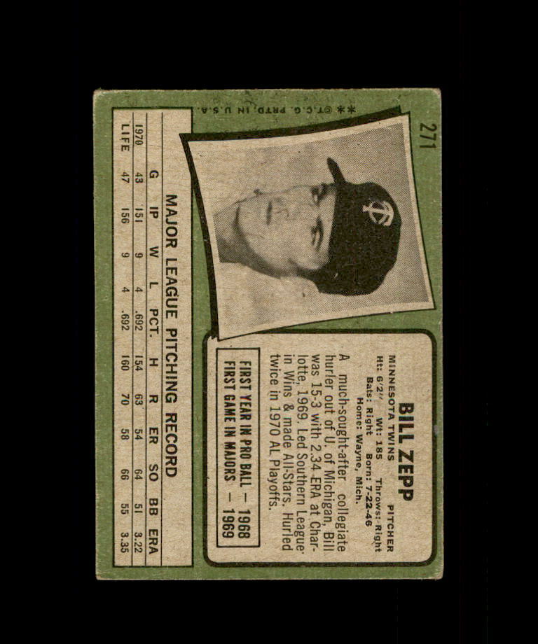 1971 TOPPS BASEBALL CARD MINNESOTA TWINS #271 BILL ZEPP | eBay