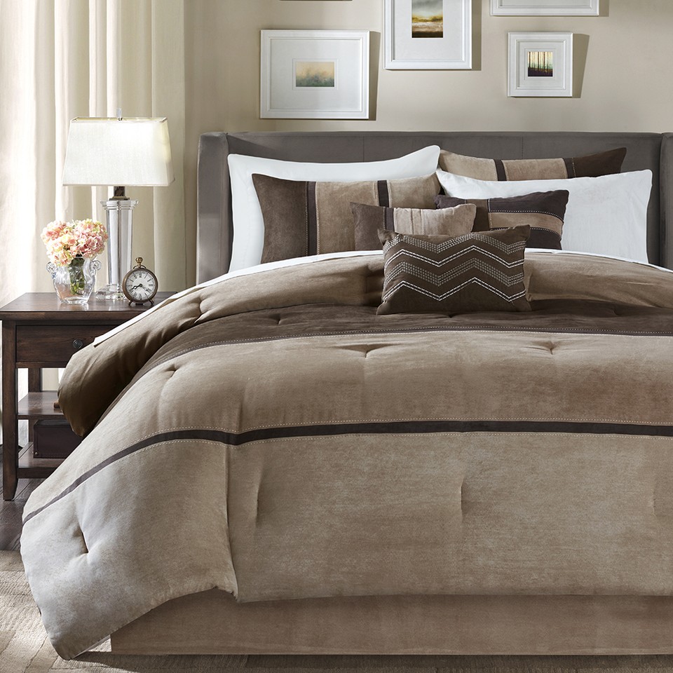 ULTRA SOFT MODERN 7PC BROWN TAN TAUPE STRIPE SUEDE COMFORTER SET KING ...