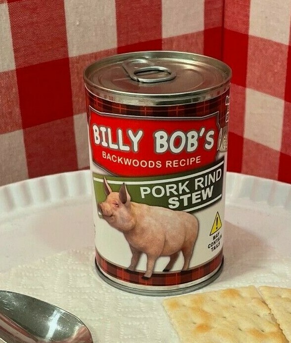2 x FUNNY REDNECK Pork Rind Stew Soup CAN LABELS Joke Gag Beer Pig ...