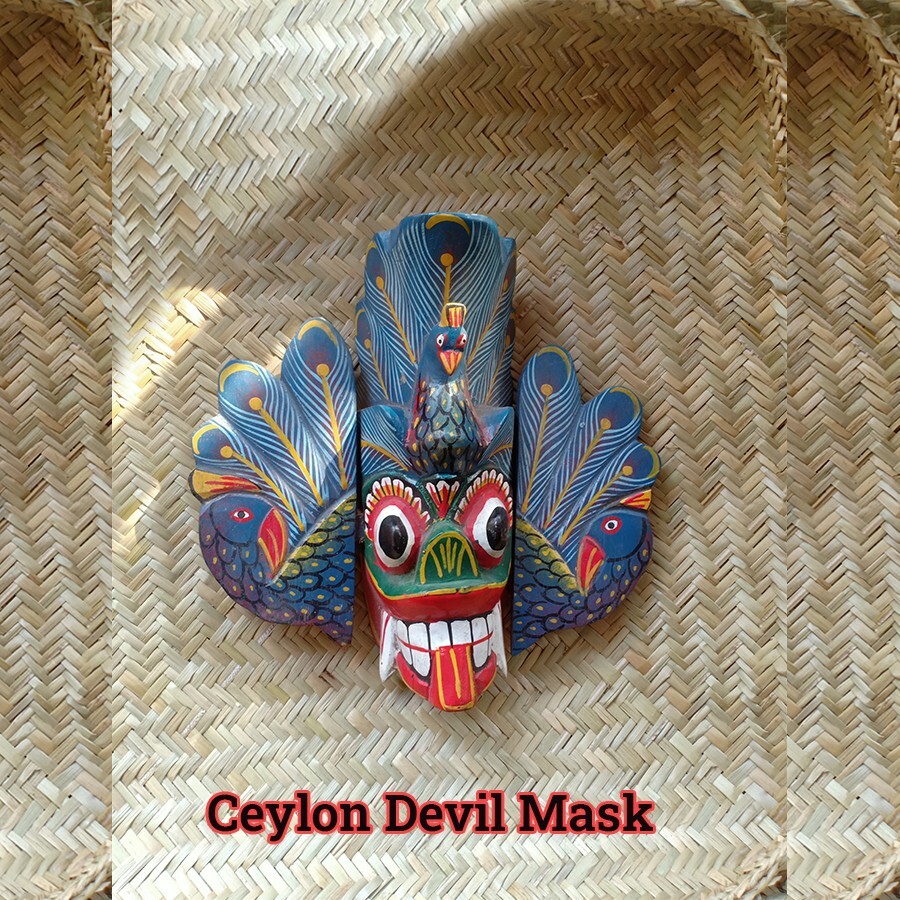 Wooden Traditional Devil Wall Mask Blue Small Hang Craved Art Ceylon ...