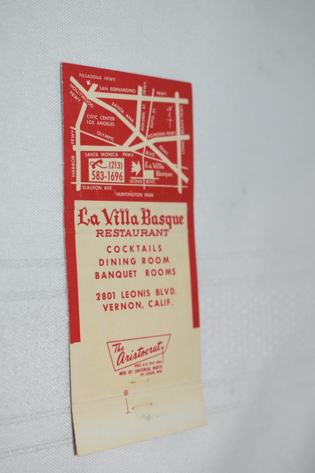La Villa Basque Restaurant Vernon California Map 30 Strike Matchbook ...
