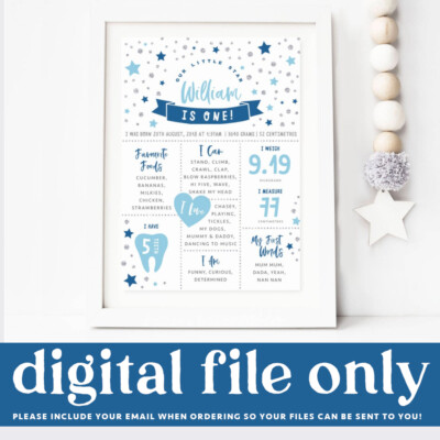 Printable First Birthday Starry Milestone Board Boy's Blue Stars Space ...