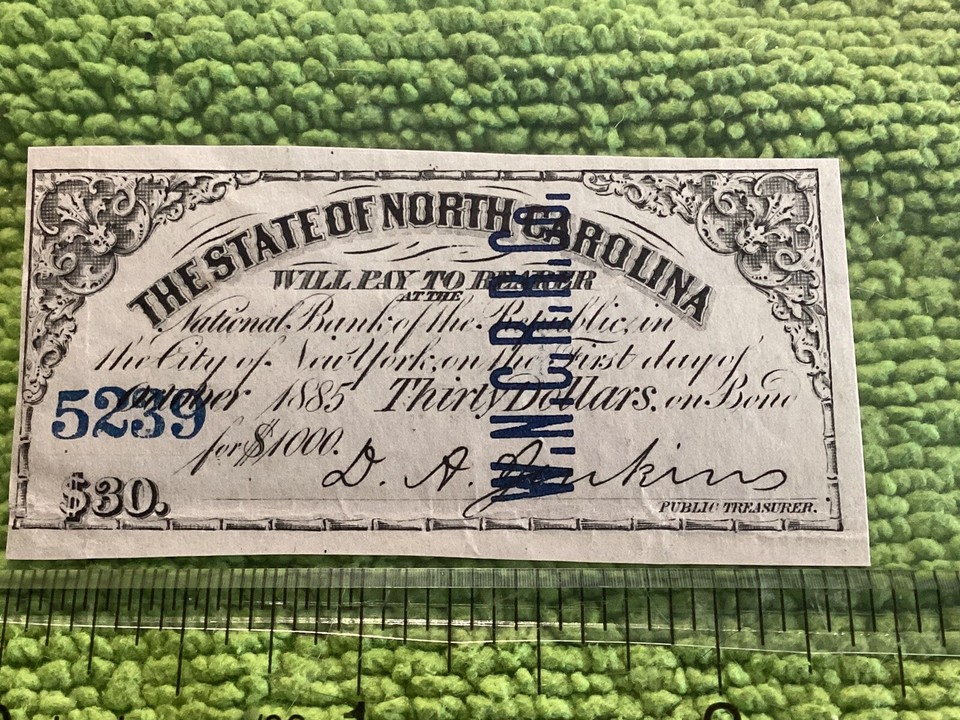 ANTIQUE 1866 OBSOLETE NORTH CAROLINA TREASURY NOTE BANK OF NY $30 ON ...