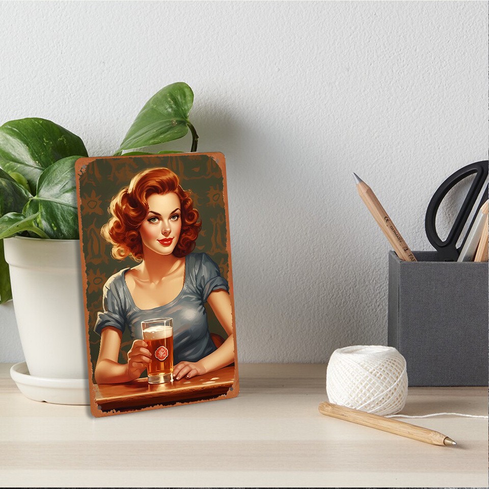 Vintage Beer Woman Metal Tin Signs Wall Art 8x12 Wrought Retro Pinup ...