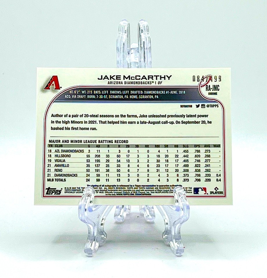 JAKE MCCARTHY 2022 Topps Chrome #RA-JMC ROOKIE AUTOGRAPHS REFRACTOR ...