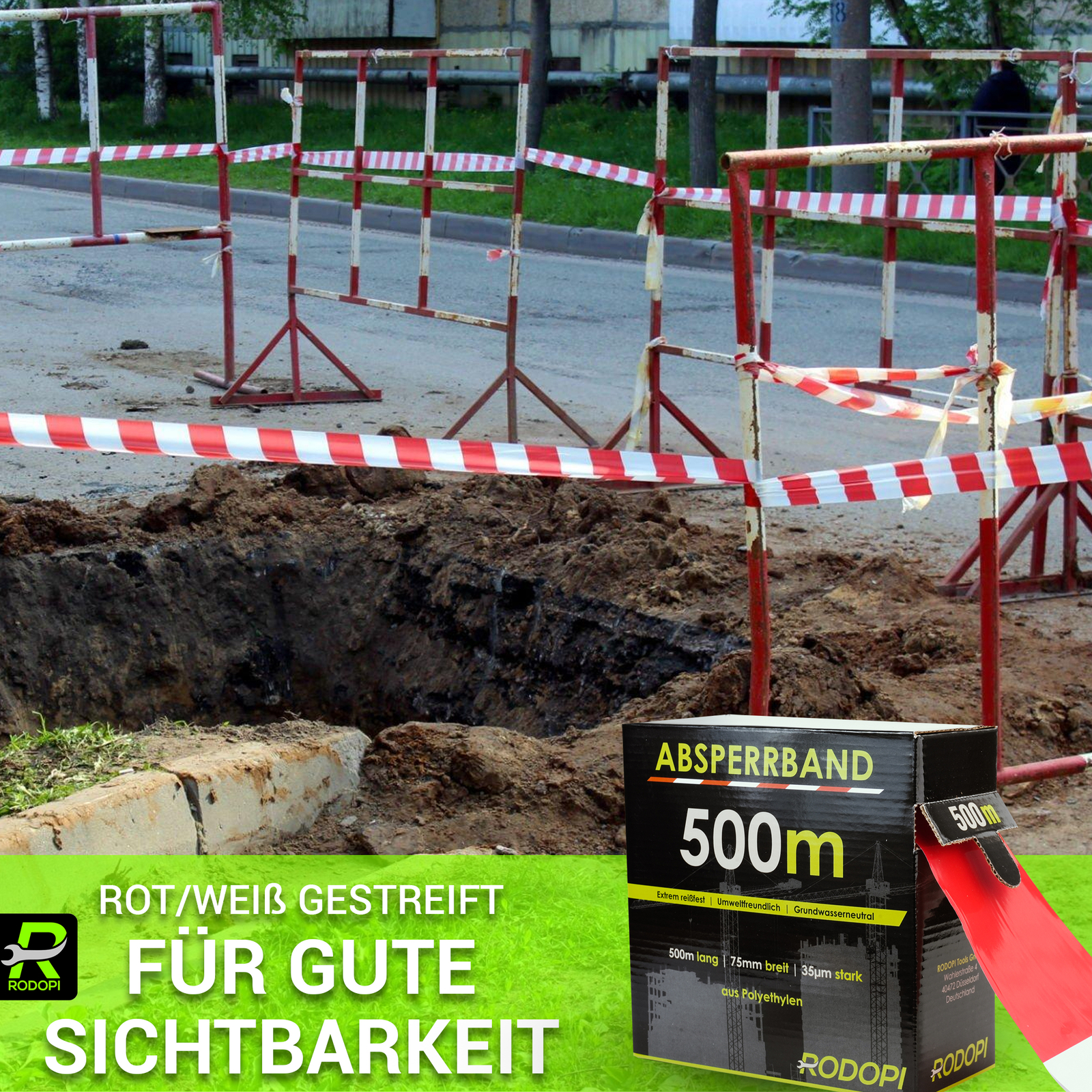 RODOPI Absperrband "AreaGuard" 500m x 75mm Flatterband rot weiß 50µm ...