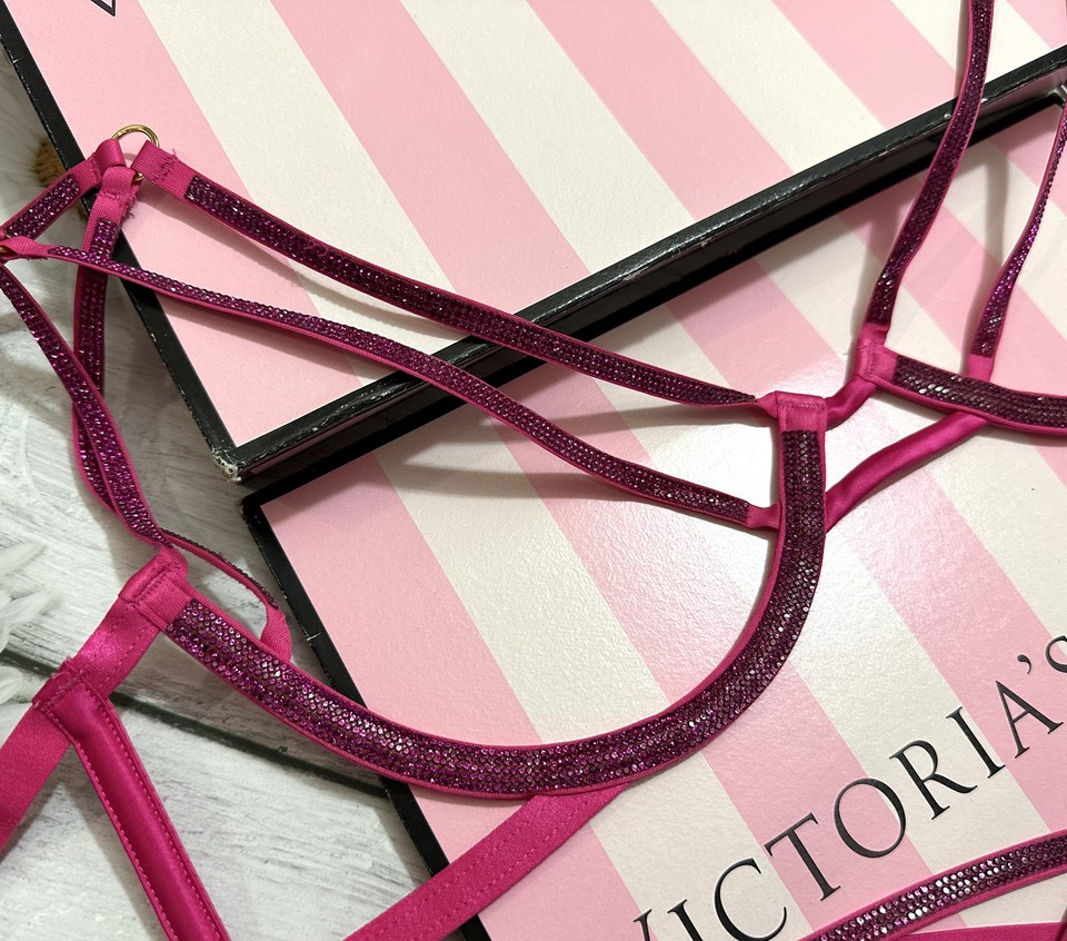 Victoria's Secret Shine Strappy Rhinestone Open-Cup Triangle Bra Thong ...