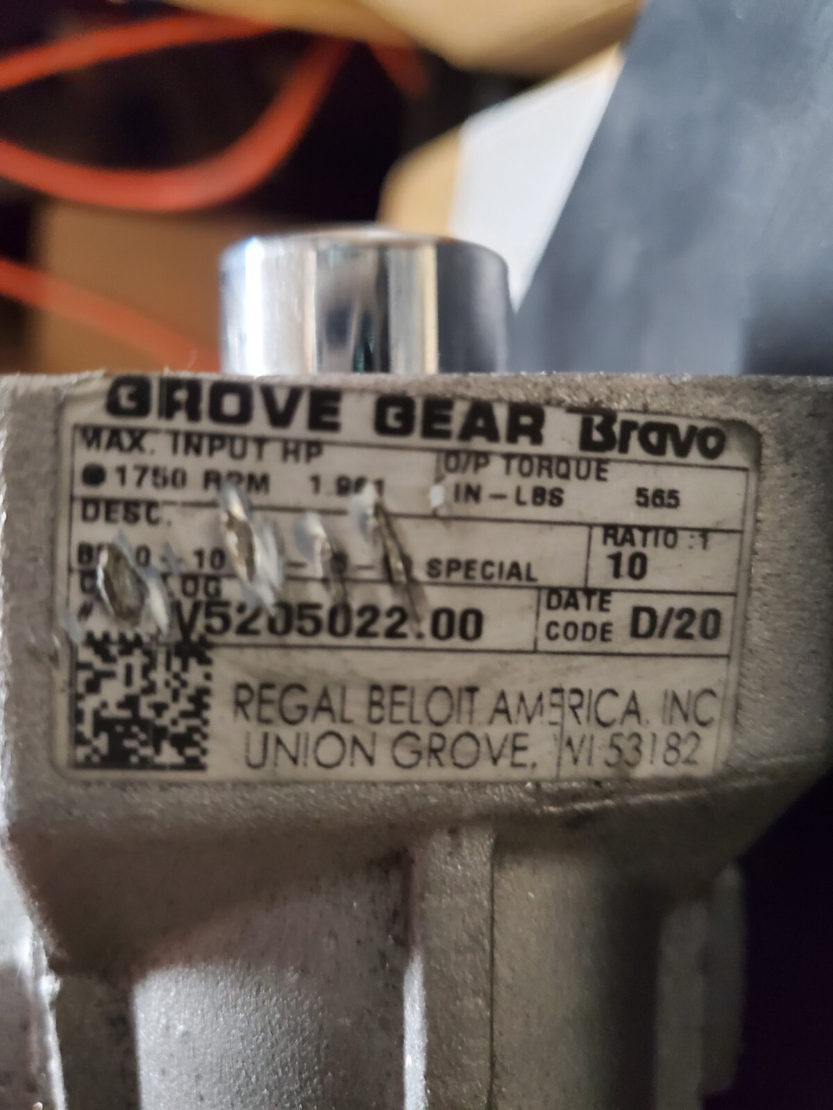 GROVE GEAR BRAVO SPEED REDUCER W5205022 565 In-lb Torque 1750 Rpm 10:1 ...