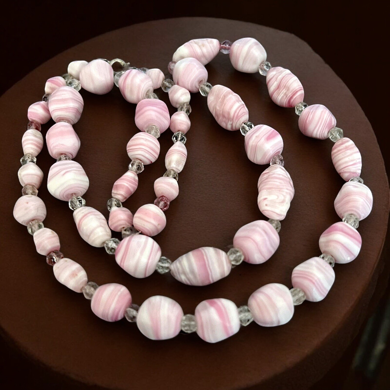 Summer Pink Bead Necklace Vintage Czech Glass Swirl M… - Gem