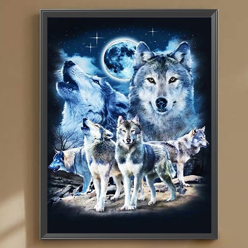 5D DIY Full Drill Round Shape Wolves Group Rhinestone Diamond Drawing ...
