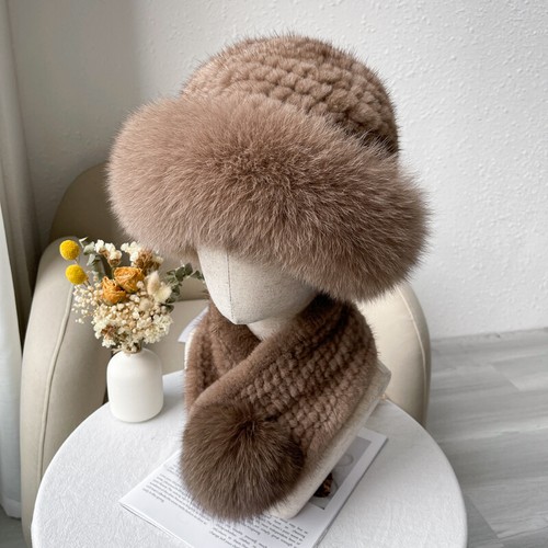 Women's Real Mink Fur Hat + Real Mink Fur Scarf Set Knitted Beanies Cap ...