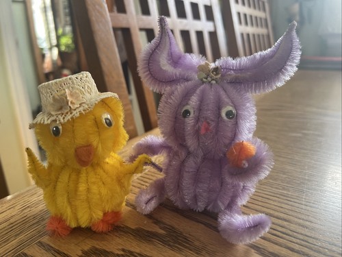 Vintage Easter Bunny Rabbit & Duck Chenille Pipe Cleaner Figures Purple ...