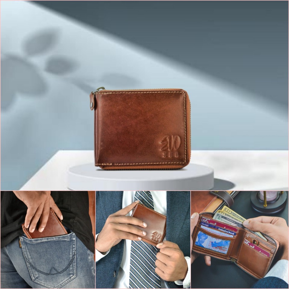 Men's Brown Crunch Genuine Leather Wallet Zipper Bifold RFID Blocking ...