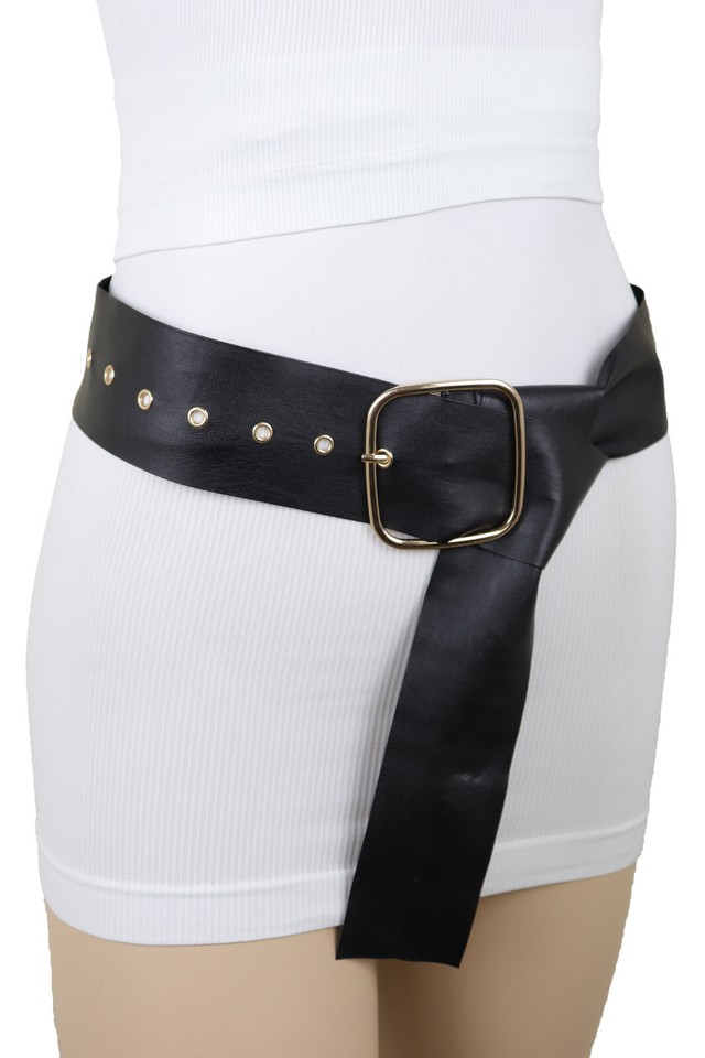 Women Black Extra Long Fabric Comfortable Waistband Belt Gold Metal ...
