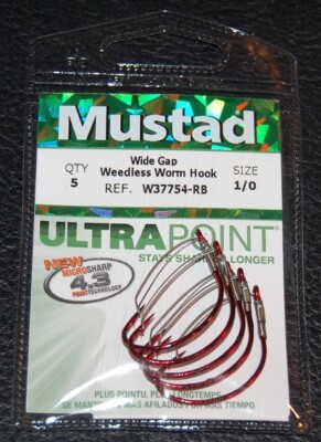 Mustad W37754NP-RB Red Wide Gap Weedless Hooks Size 1/0 W37754NPRB-10 ...