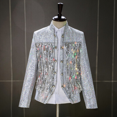 Mens Performance Coat Tassels Costume Singer's Formal Stage Sequins ...