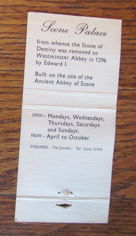PERTH, ENGLAND MATCHBOOK COVER: SCONE PALACE TOURIST ATTRACTION ...
