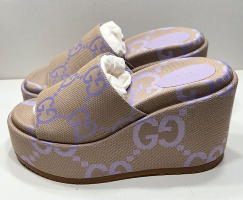 Authentic Gucci GG Macro Canvas Wedge 40/10 Platform Sandals Lilac ...