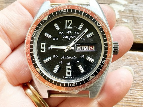 Vintage Clinton 17 Jewels Day-Date World Time Automatic Watch AS IS ...