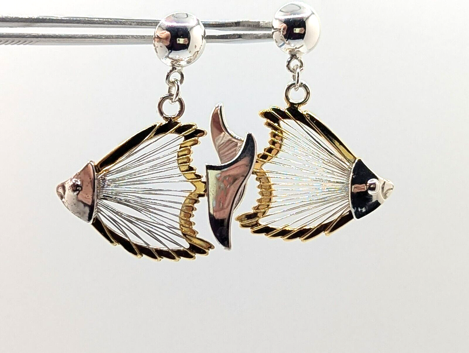 Vtg Mod Wire Silver and Gold Tone Fish Dangle Earrings and Pendant Set ...