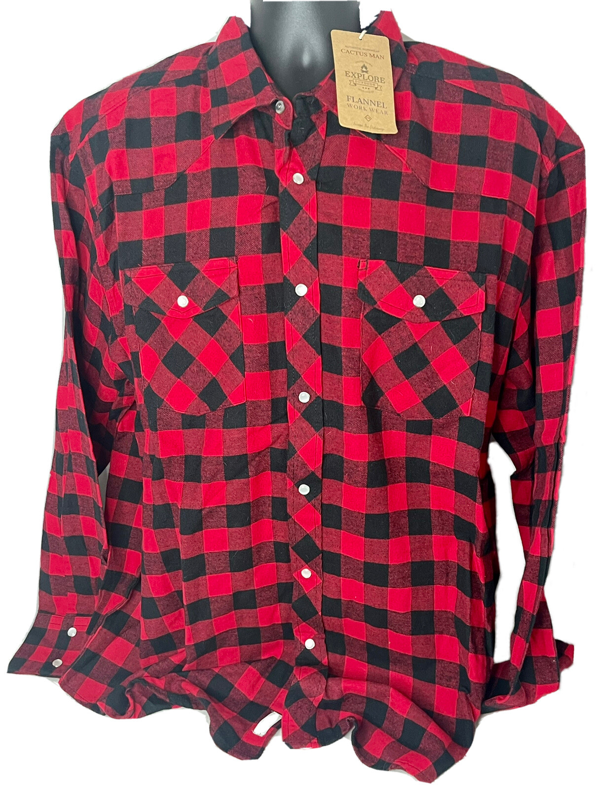 CACTUS MAN RED BLACK BUFFALO PLAID PEARL SNAPS FLANNEL SHIRT MEN'S SIZE ...