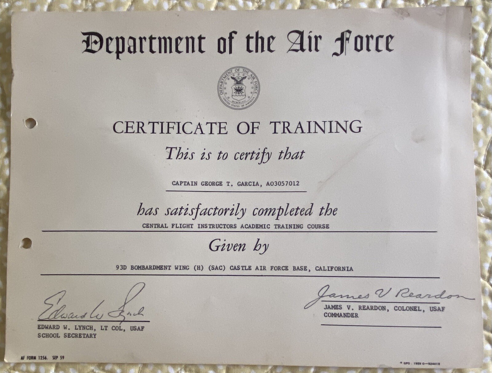 Department Of The Air Force Certificate Of Training Captain George T ...