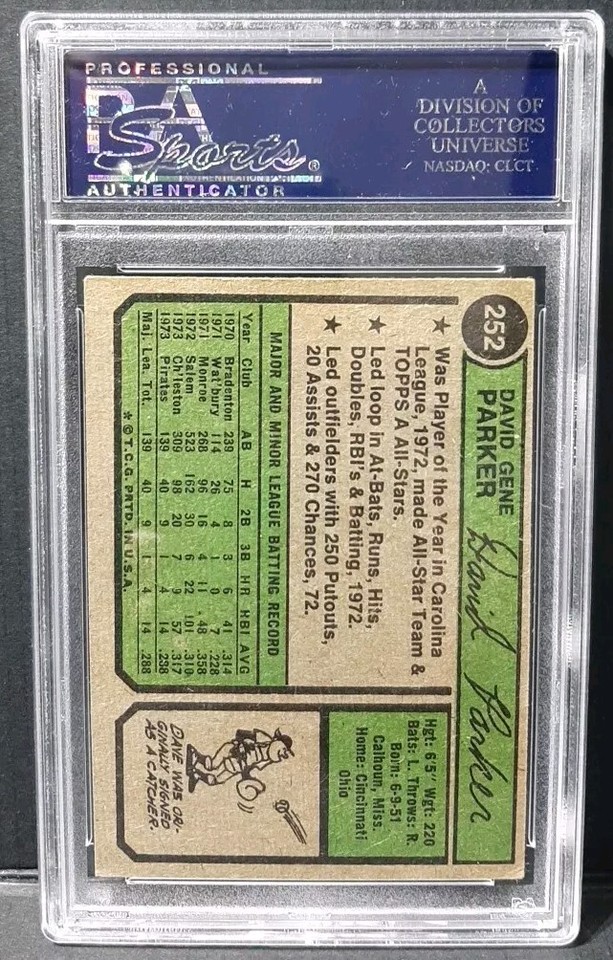 PSA 1974 Topps Dave Parker Rookie SIGNED AUTOGRAPHED Auto with Cobra ...