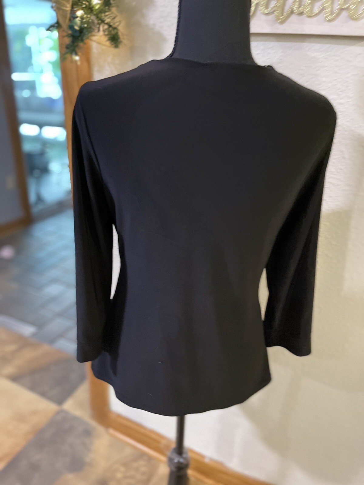 Women's R&M Richards V Neck Spilt Sleeves Black Blouse with Jewels sz ...