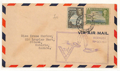 Bermuda WW2 First Day Cover FDC 7½d First Flight V FOR VICTORY Canada ...