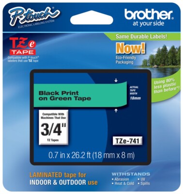 Brother 3/4" (18mm) Black on Green P-touch Tape for PT9700, PT-9700PC ...